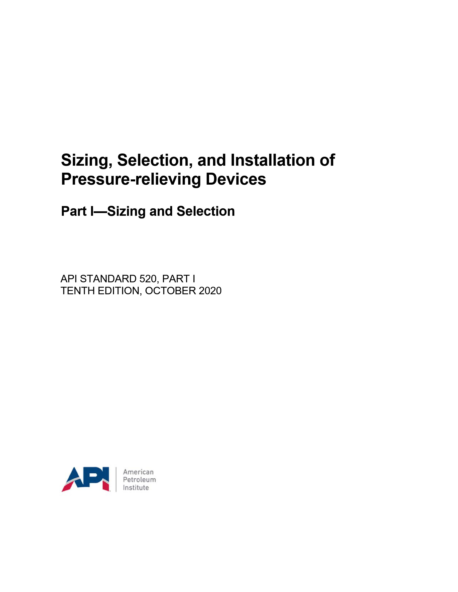 API Std 520 2020: Sizing and Selection Guide | Publications Office